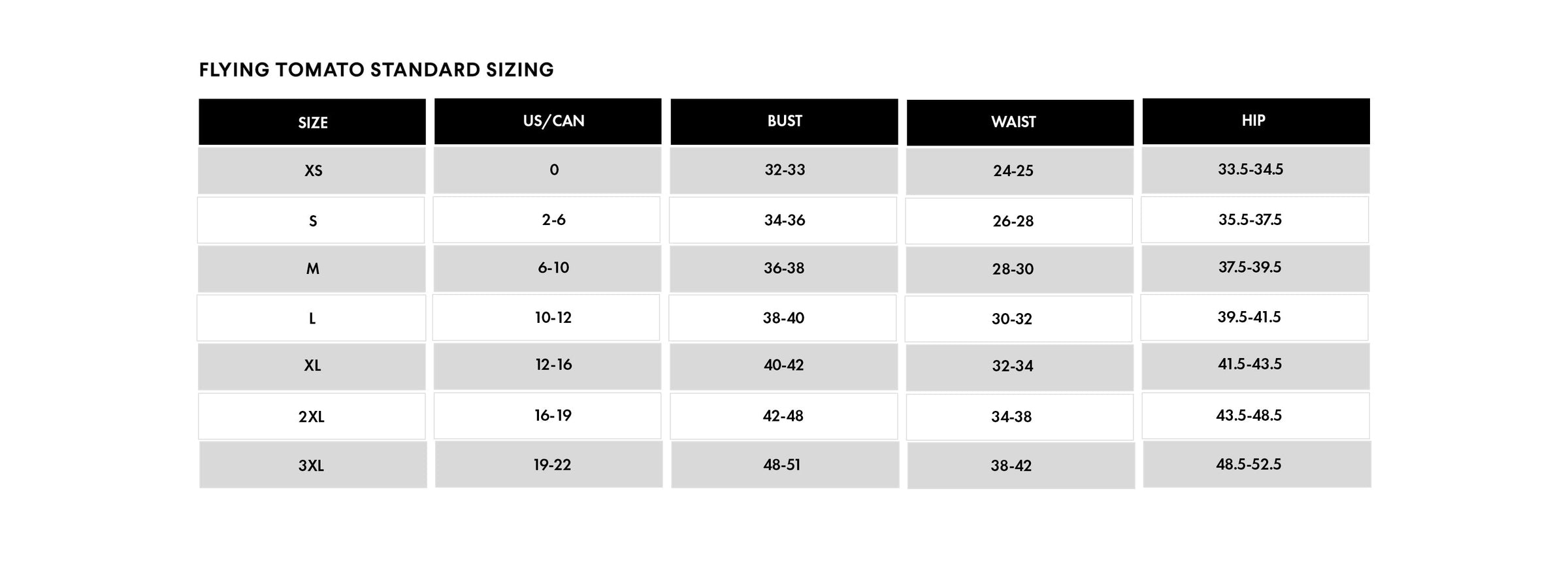 SIZE CHART | FLYING TOMATO | Flying Tomato